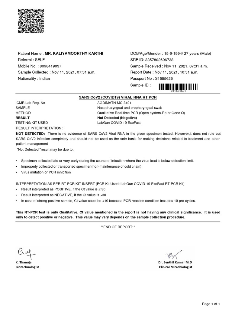 COVID-19 RT-PCR Test Result | PDF | Reverse Transcription Polymerase ...