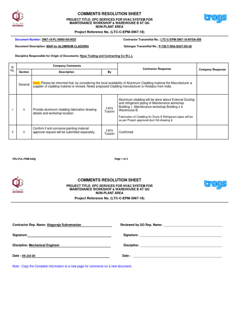 HVAC Project Comments Resolution Sheet | PDF | Duct (Flow) | Engineering