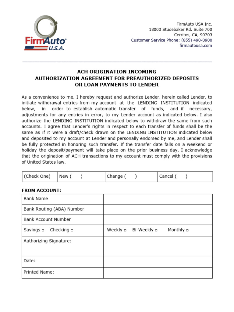 Customer Ach Authorization | PDF | Banks | Loans
