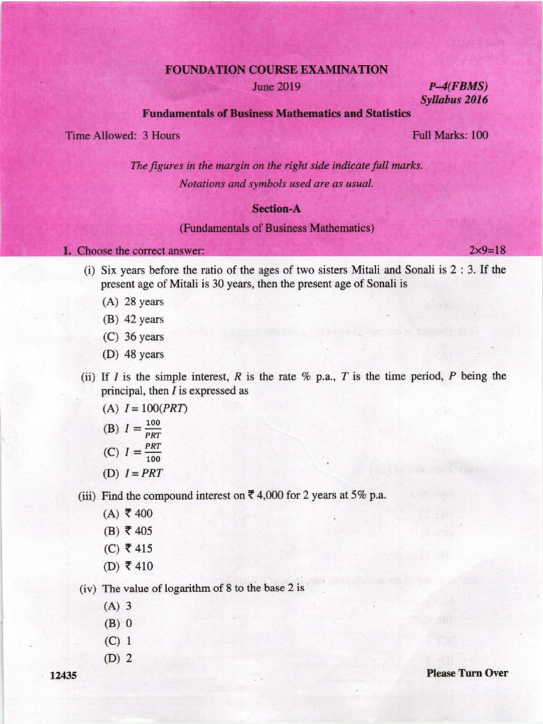 Fundamentals Of Business Mathematics And Statistics June 2019
