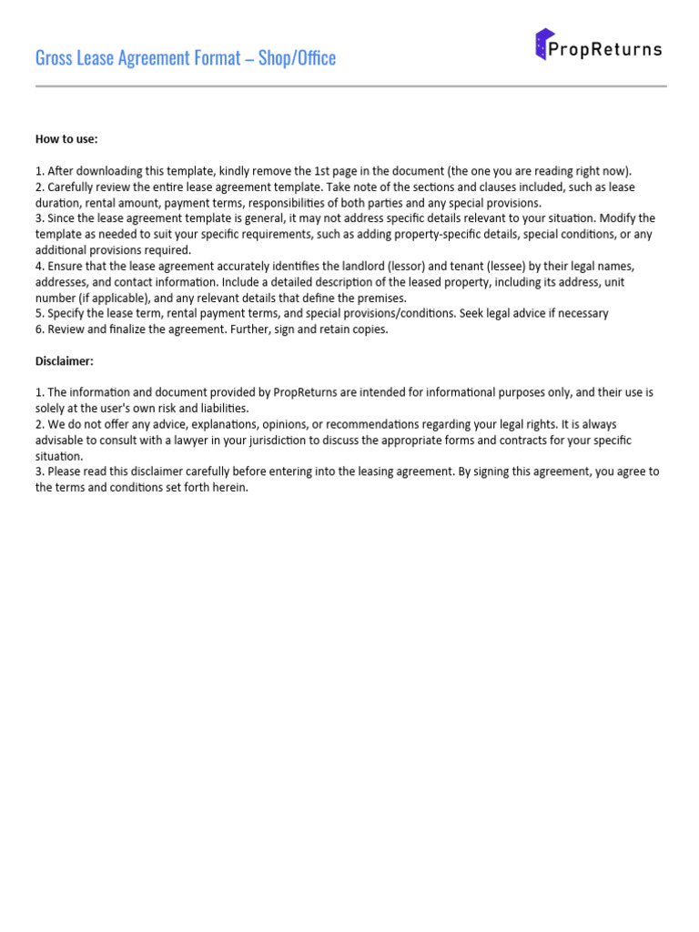 Gross Lease Agreement Format Shop Office | Download Free PDF | Lease ...