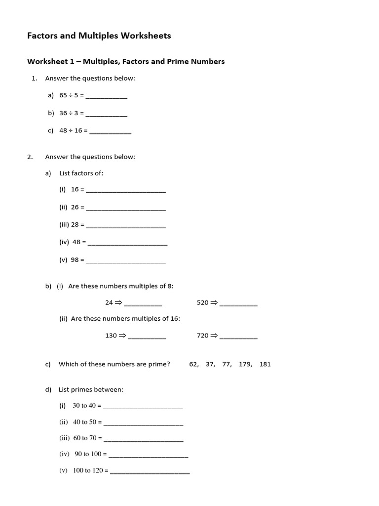 Factors and Multiples Worksheets Pack | PDF | Number Theory ...