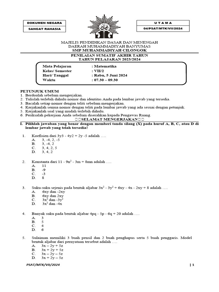 Soal Psat Genap MTK 7 | PDF