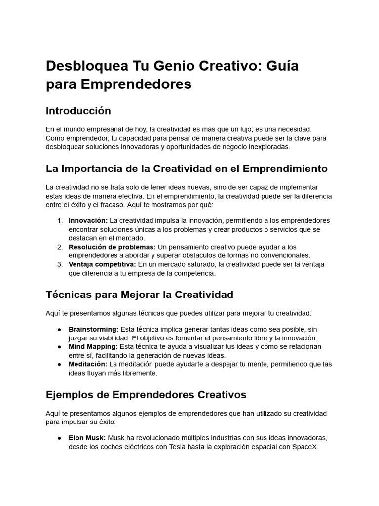 Desbloquea Tu Genio Creativo Guía para Emprendedores | PDF