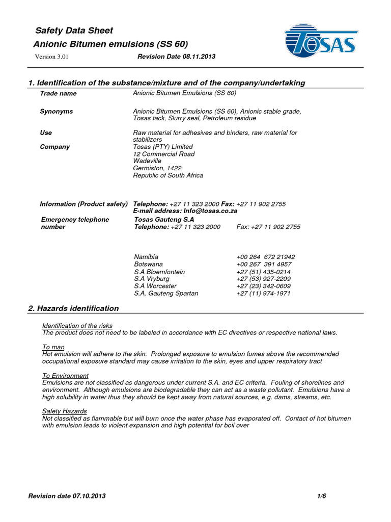 SDS Anionic Bitumen Emulsions SS 60 | PDF | Water | Personal Protective ...