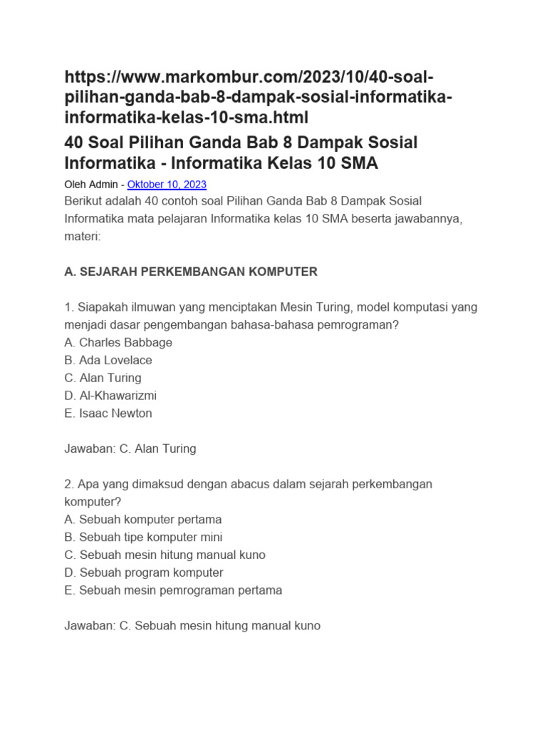40 Soal Pilihan Ganda Bab 8 Dampak Sosial Informatika | PDF