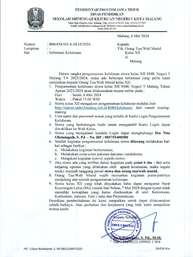 Surat Edaran Kelulusan TA. 2023-2024 | PDF