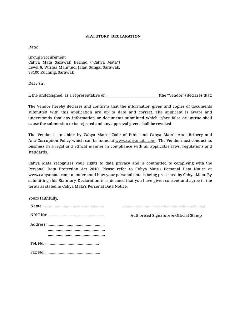 Statutory Declaration Sample | PDF