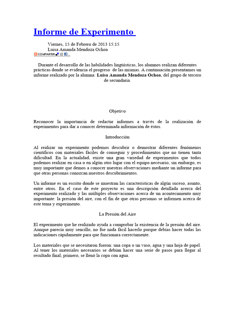Informe de Experimento | PDF | Experimentar | Presión