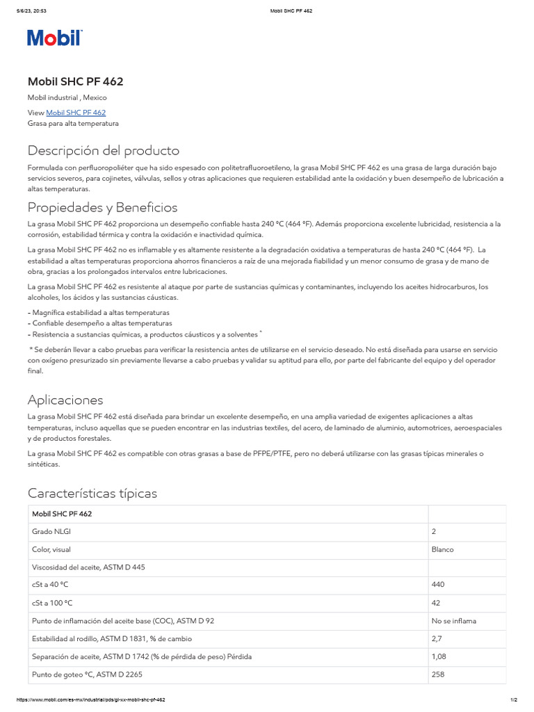Mobil SHC PF 462 | PDF | Aceites | Química