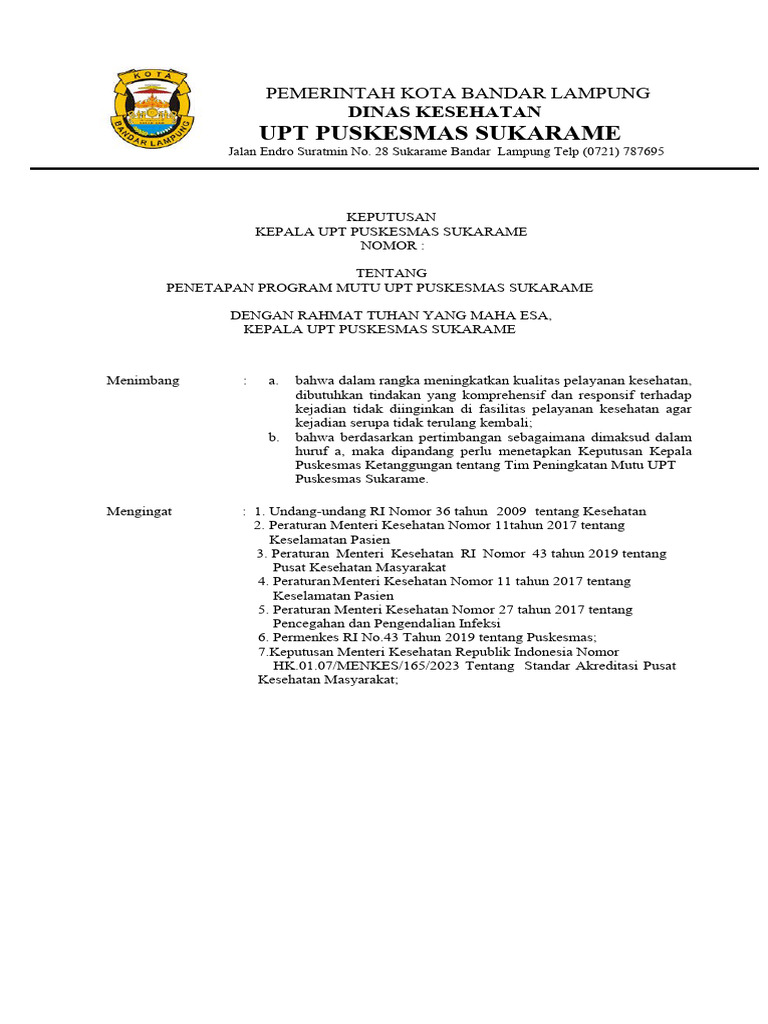 SK Penetapan Program Mutu Sukarame | PDF