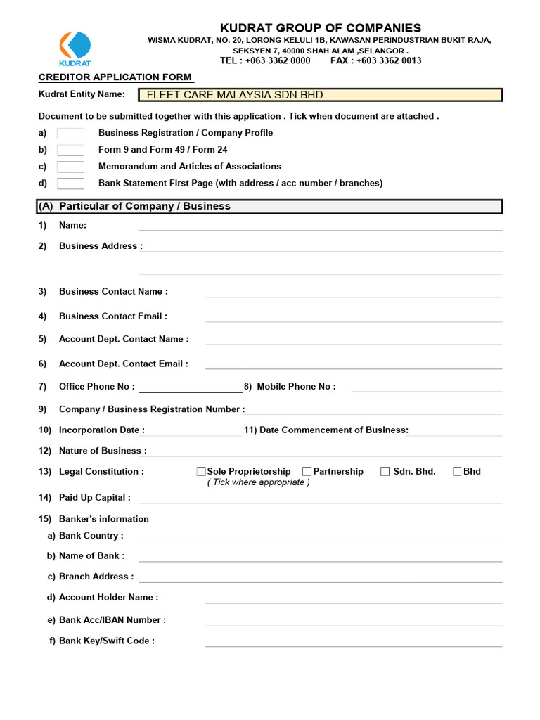 Creditor Application Form (New) | PDF | Business | Sole Proprietorship