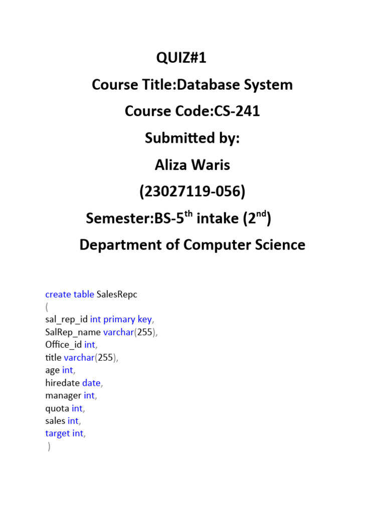 23027119-056 DB Quiz | PDF | Computer Data | Software Engineering