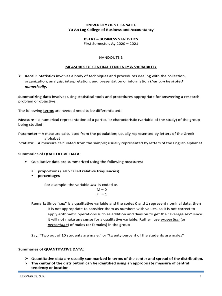 BSTAT HANDOUTS - DESCRIPTIVE ONLY Handouts 3 | PDF | Mode (Statistics) | Mean