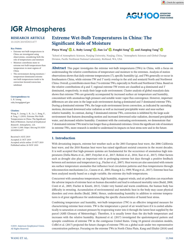 JGR Atmospheres - 2019 - Wang - Extreme Wet Bulb Temperatures in China The Significant Role of ...