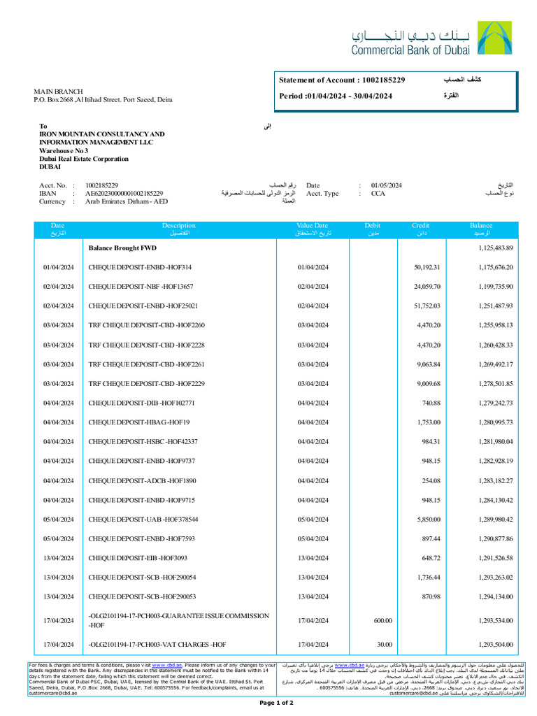 CBD - AED - April 2024 | PDF | Cheque | Banking