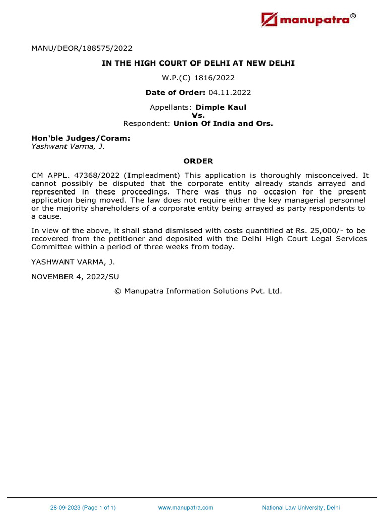 Dimple Kaul Vs Union of India and Ors 04112022 DEDEOR202200138442COM427039 | PDF | Business ...