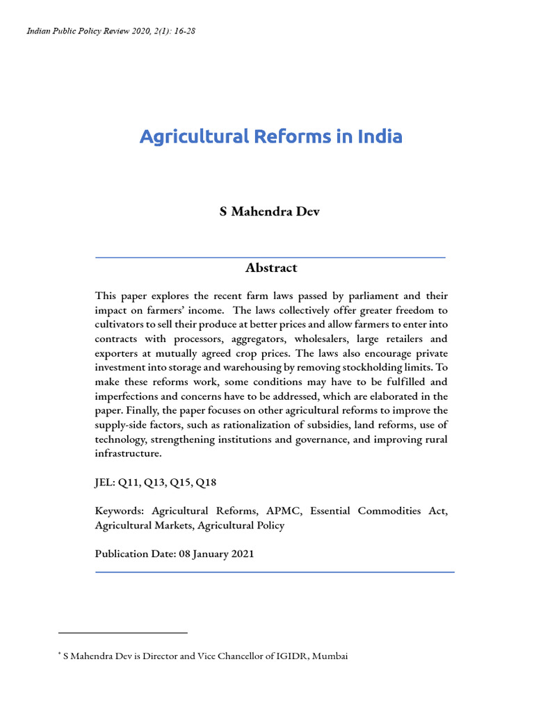 Agricultural Reforms Mahendra Dev | PDF | Subsidy | Agriculture
