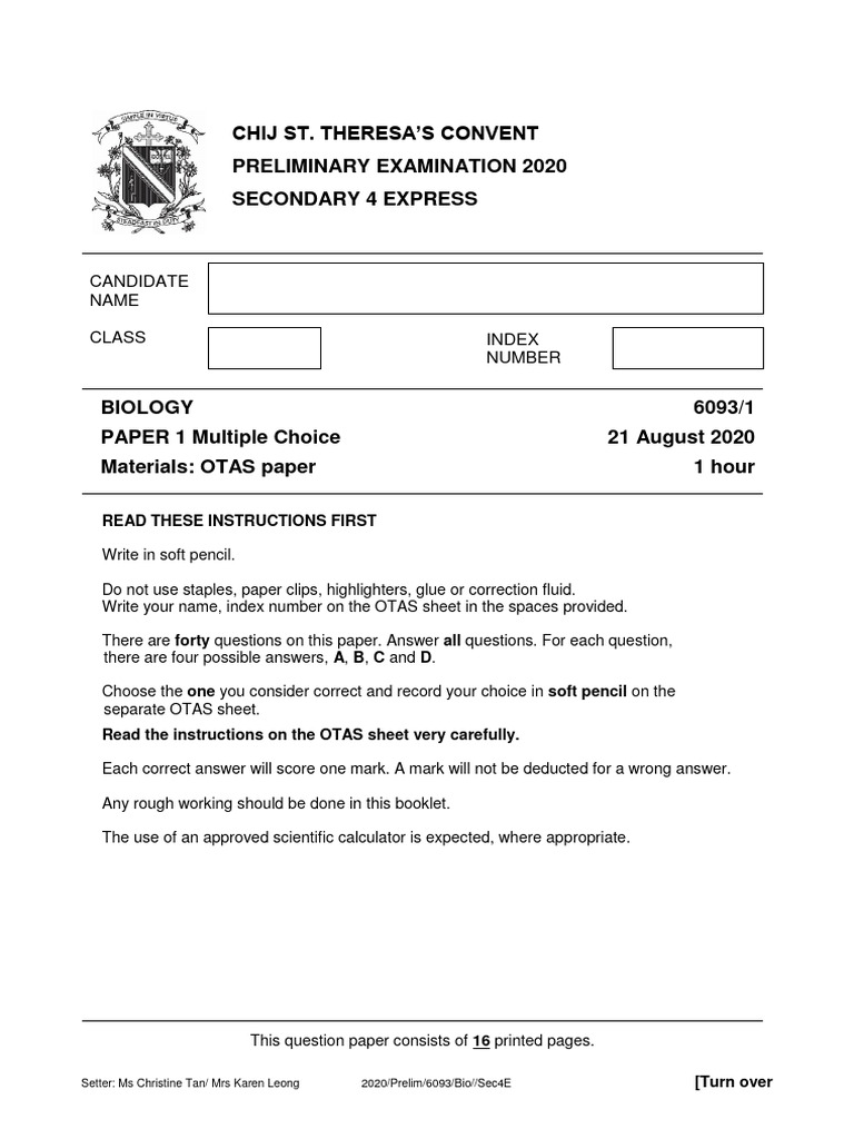 2020 Prelim 4exp 6093 - P1 - V2 | PDF | Flowers | Digestion