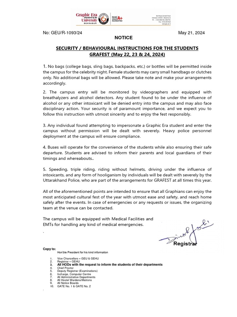 Behavioural-Security Instructions For Students at Grafest | PDF