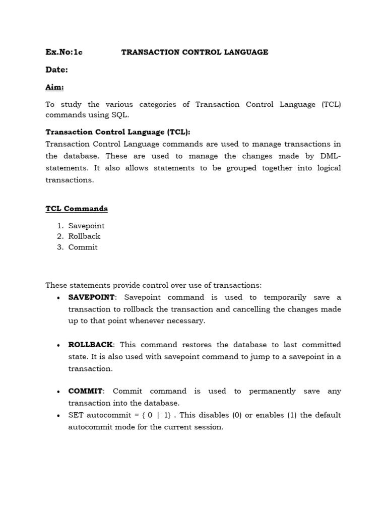 1c TCL | Download Free PDF | Database Transaction | Sql