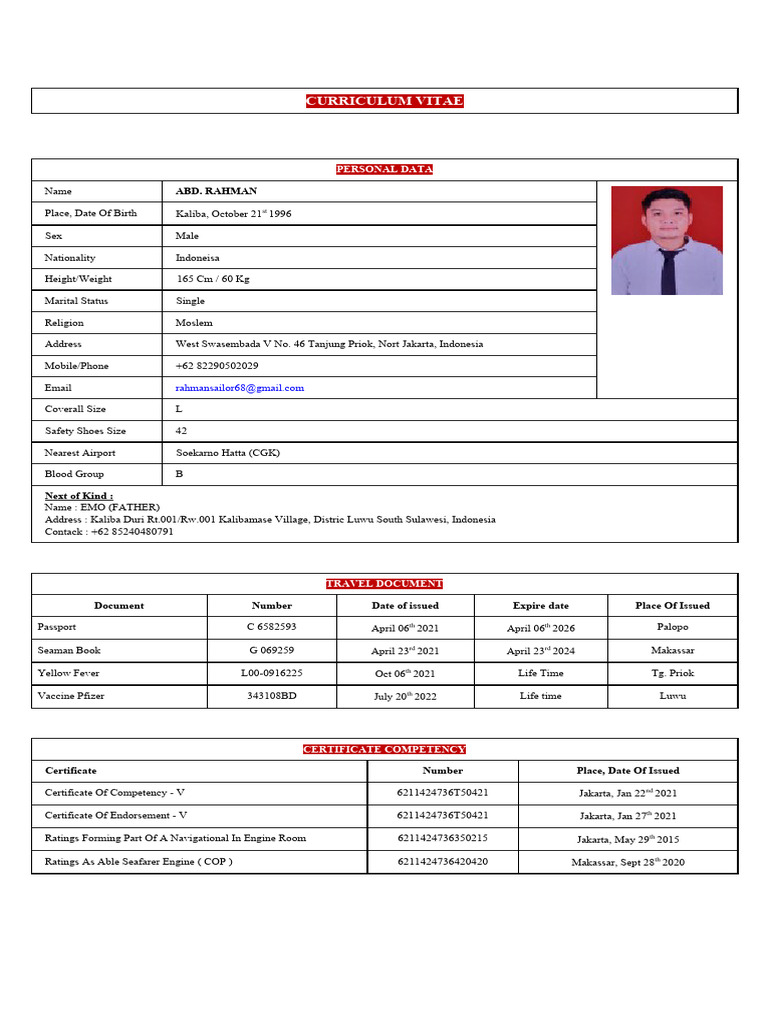 CV - Mechanic Abdul Rahman | PDF | Water Transport | Ships
