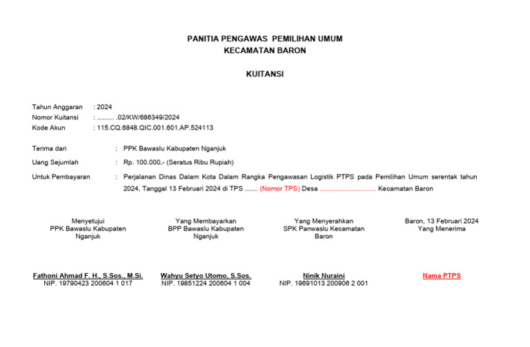 Perjalanan Dinas Logistik PTPS 13 Feb Kuitansi | PDF