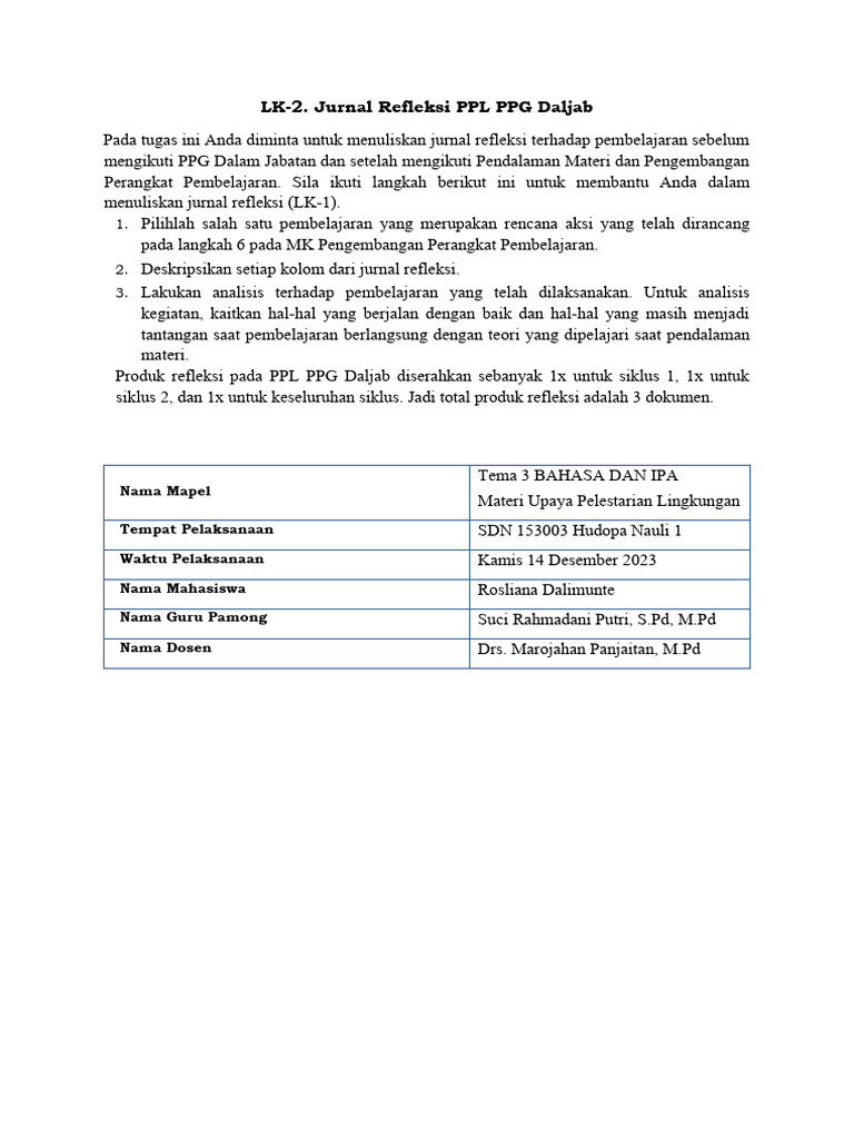 Jurnal Refleksi PPL 2 Siklus 1 | PDF