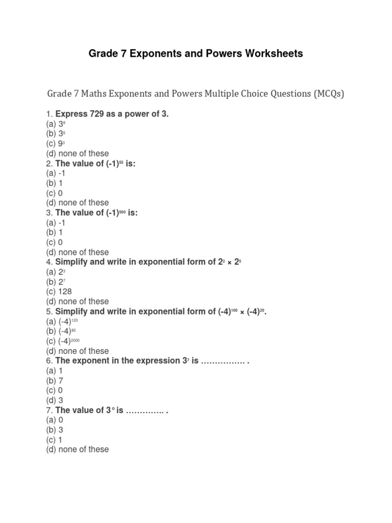 Grade 7 Maths Exponents and Powers Multiple Choice Questions (MCQS) | PDF | Exponentiation ...