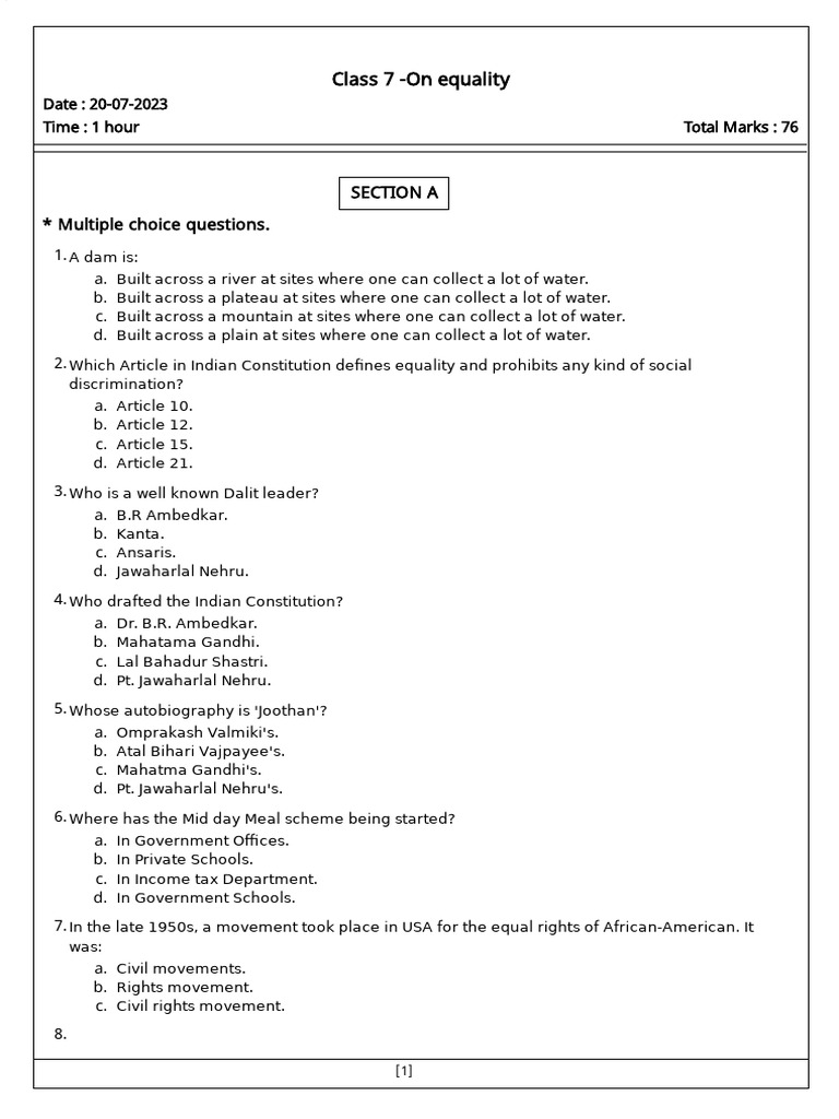 Class 7 - On Equality: Multiple Choice Questions. Section A | Download Free PDF | Jawaharlal ...