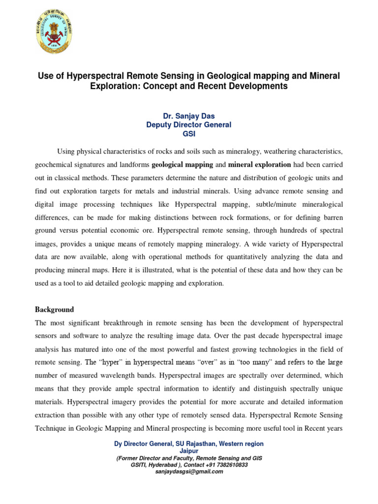 Use of Hyperspectral Remote Sensing in Geological Mapping and Mineral Exploration and Data ...