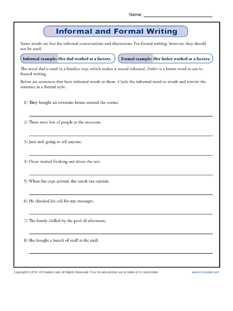 Informal and Formal Writing - Worksheet 1 | PDF