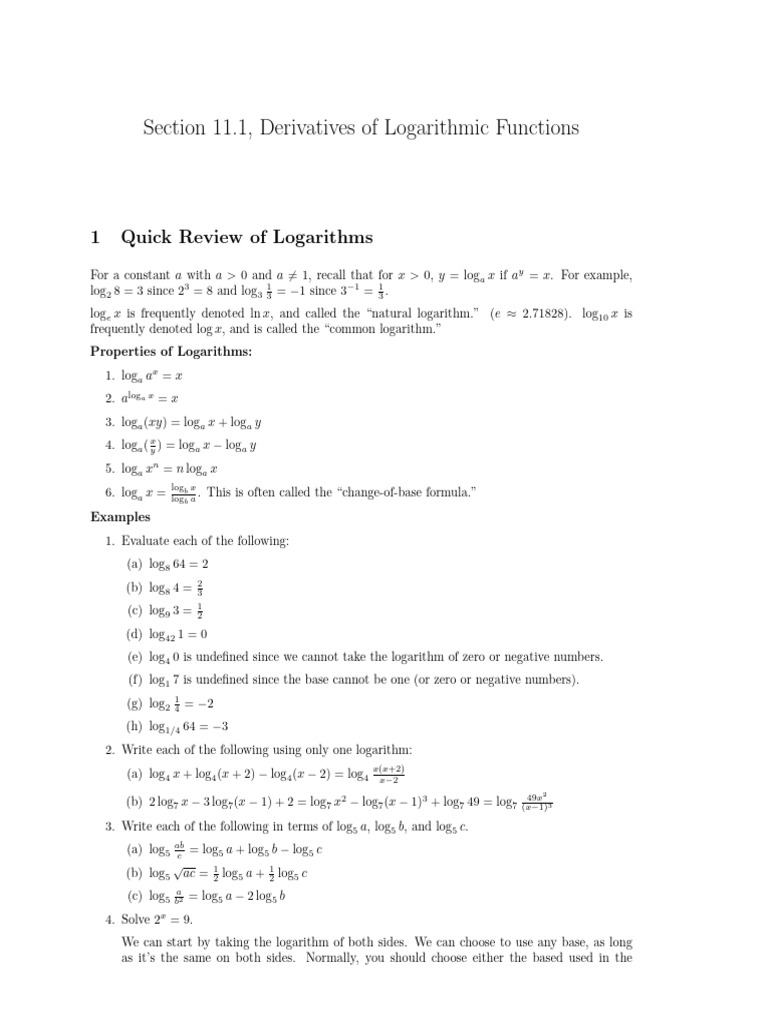 Derivatives of Logarithmic Functions 1 | PDF | Mathematics ...