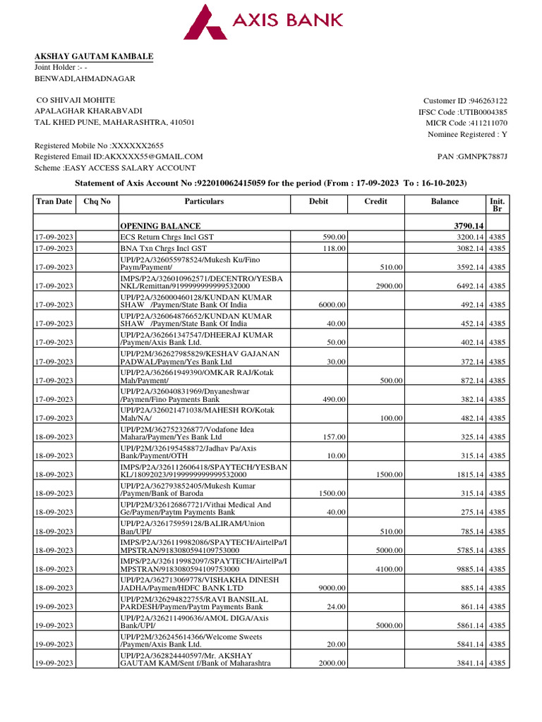 Axis Bank Statement Summary | PDF | Debit Card | Banks
