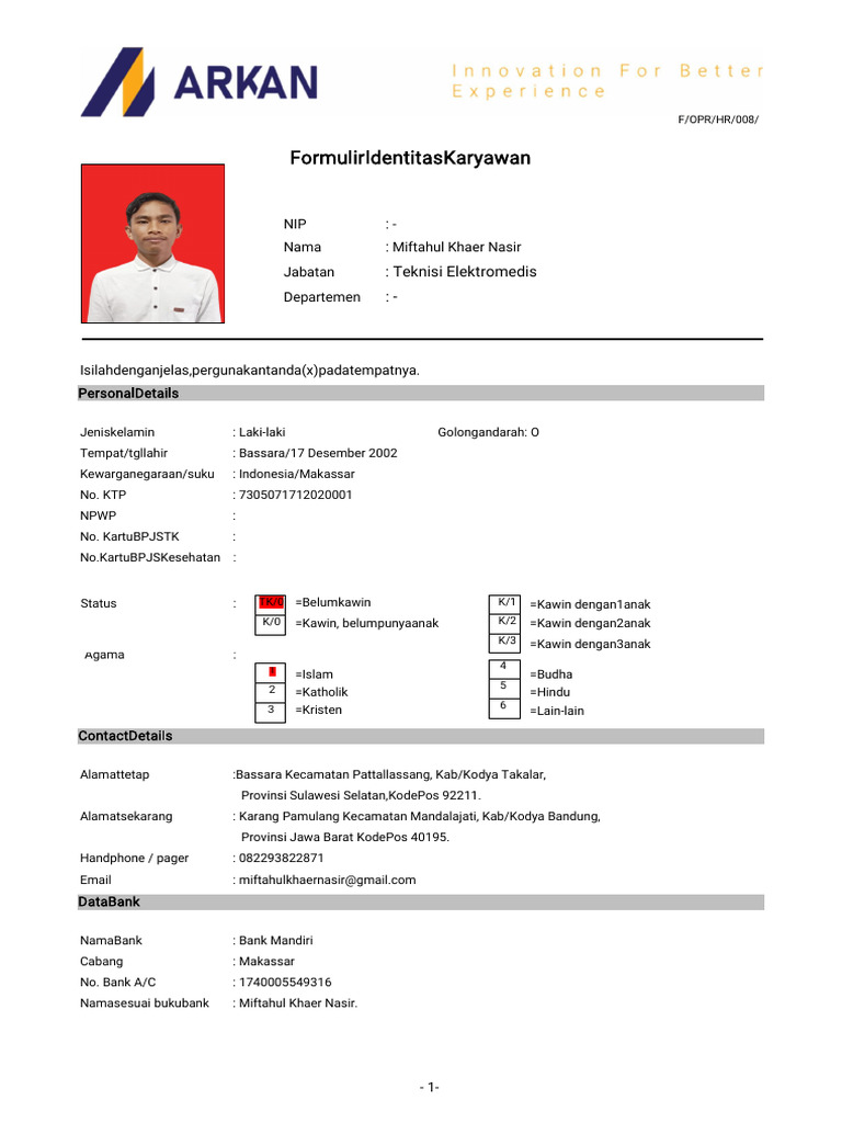 F.opr - Hr.008 02 Biodata Mifta | PDF