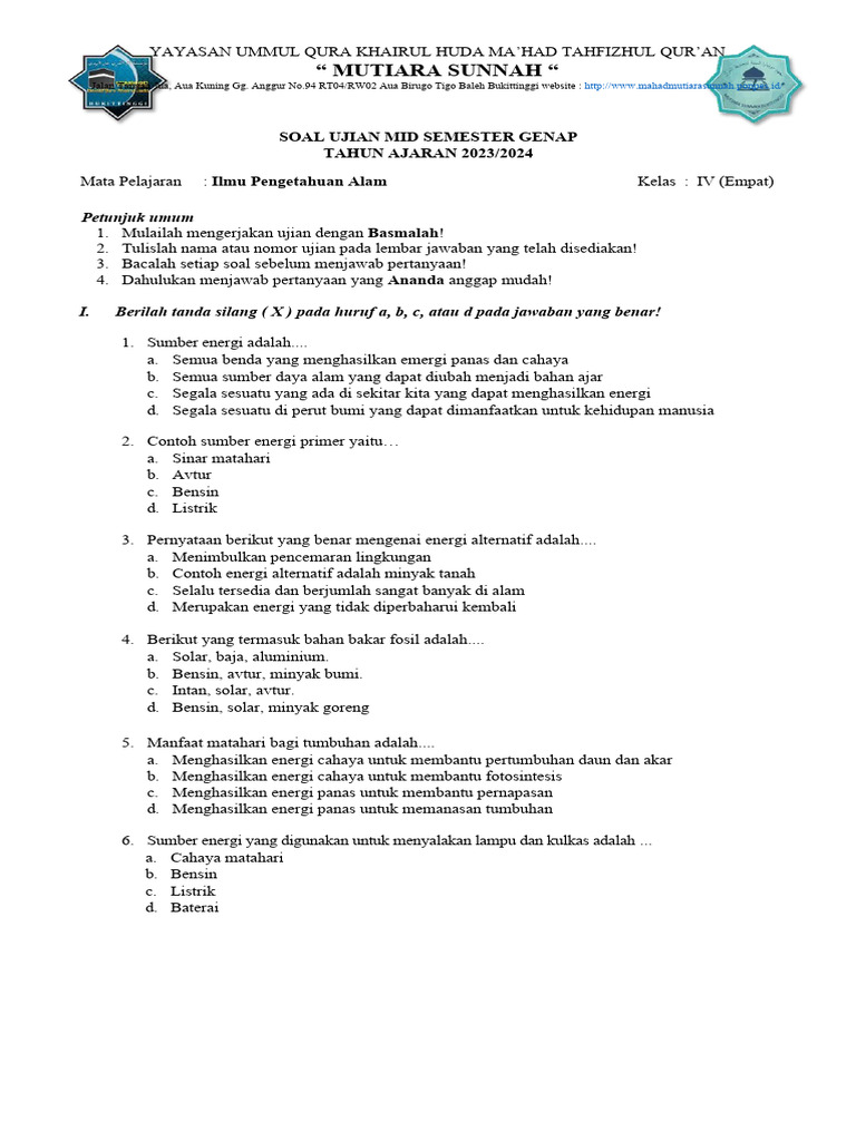 Soal Ipa Kelas 4 UTS Genap MS TA 2024 FIX | PDF | Sains & Matematika