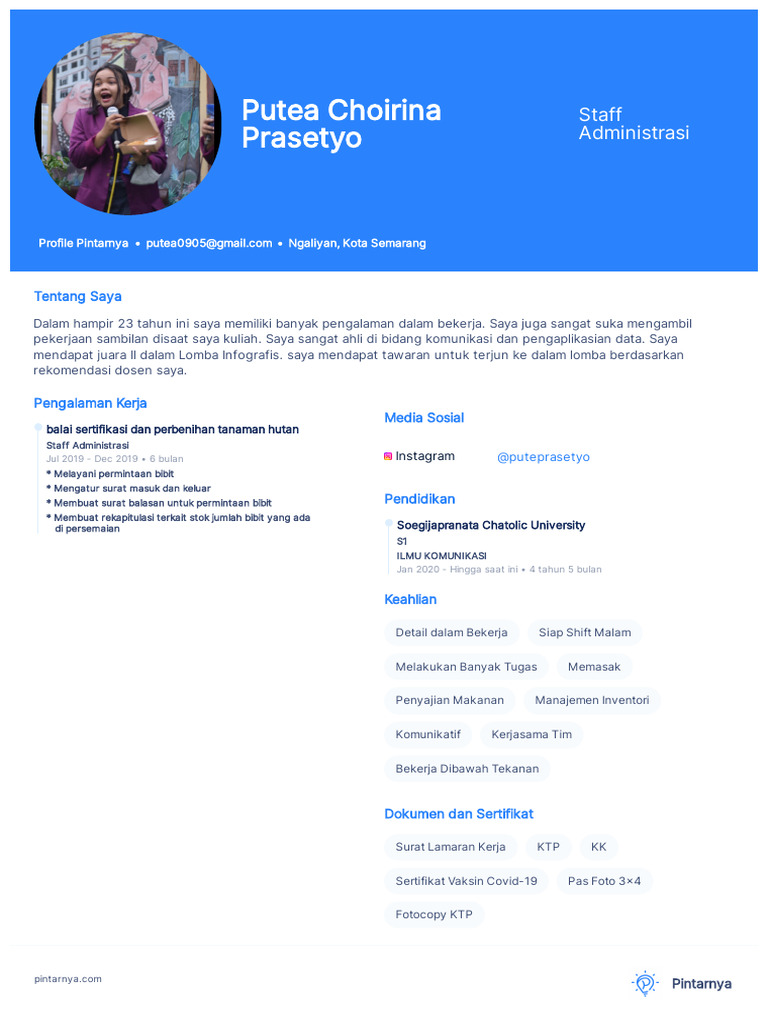 Profil Pekerja Administrasi Berpengalaman | PDF