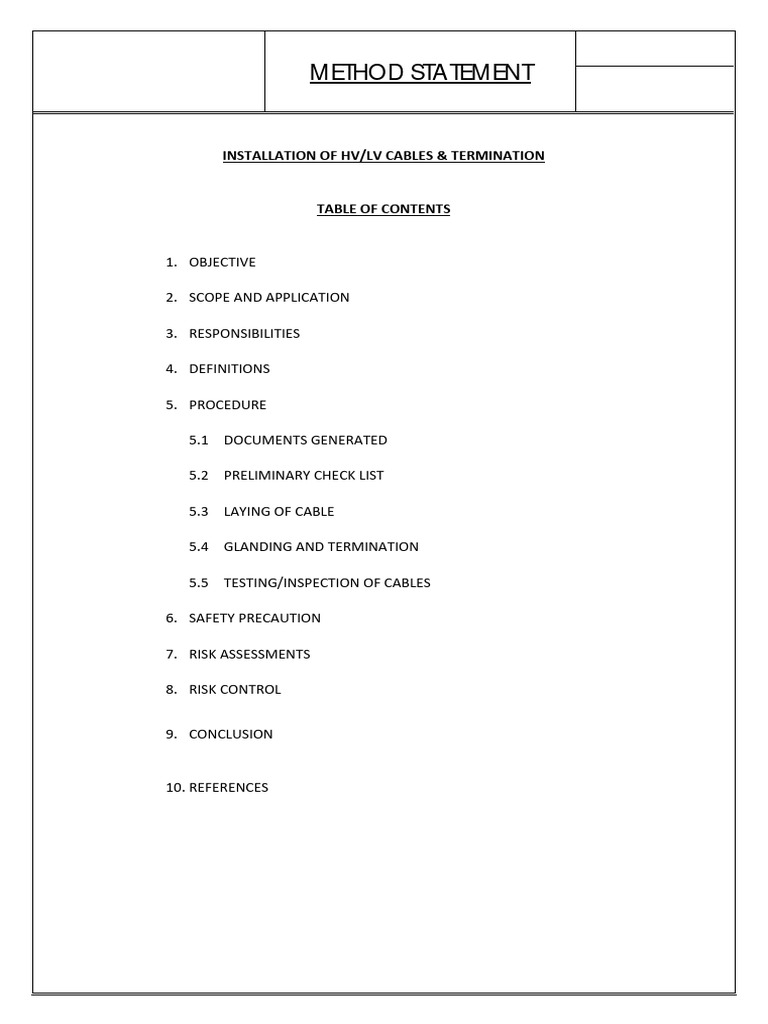 METHOD STATEMENT - Installation of HV-LVCables | PDF | Specification ...