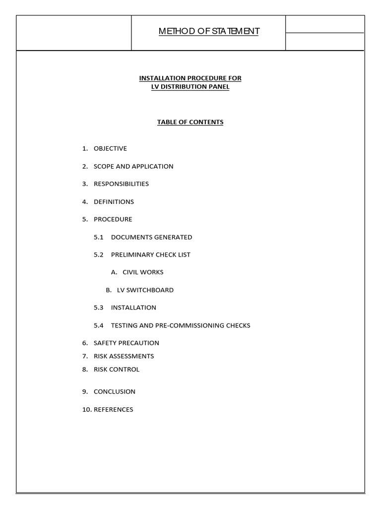 METHOD STATEMENT - Installation of LV Distribution Panel | PDF ...