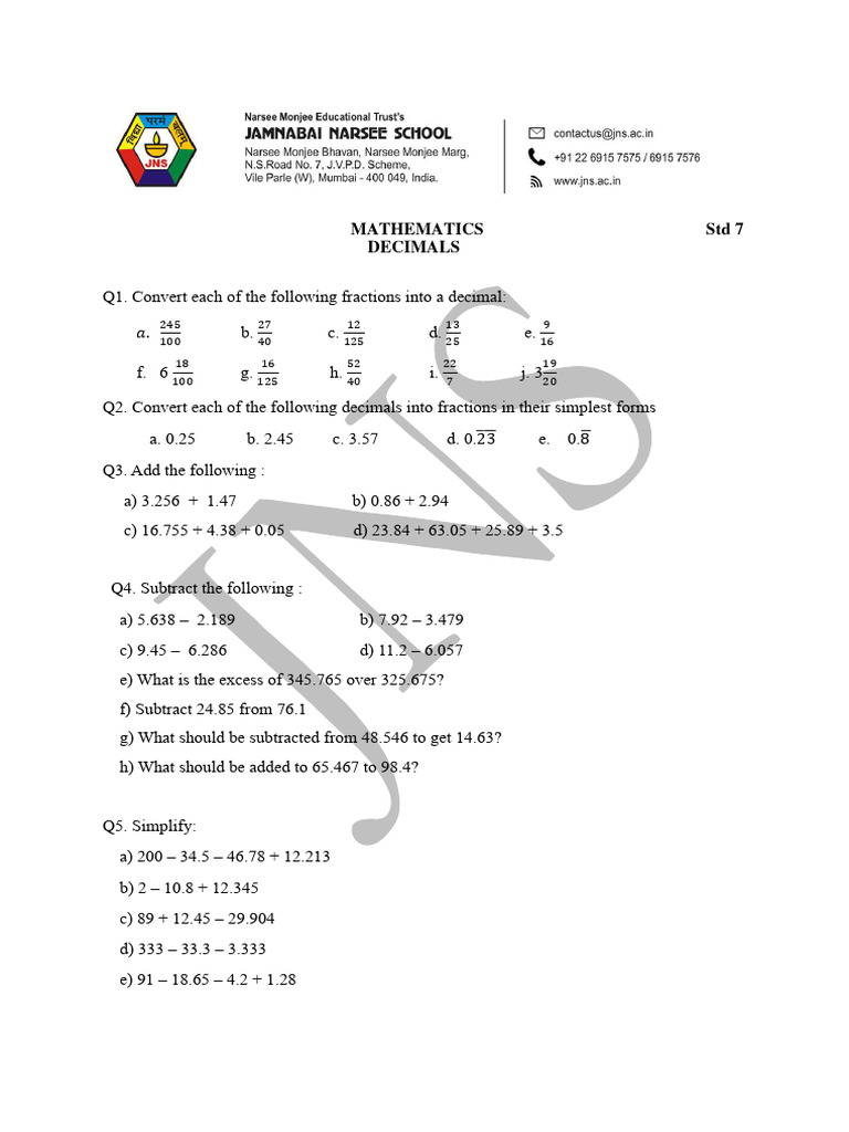 JH EcampusUpload SubjectNote MATHEMATICS STD 7 | PDF | Division ...