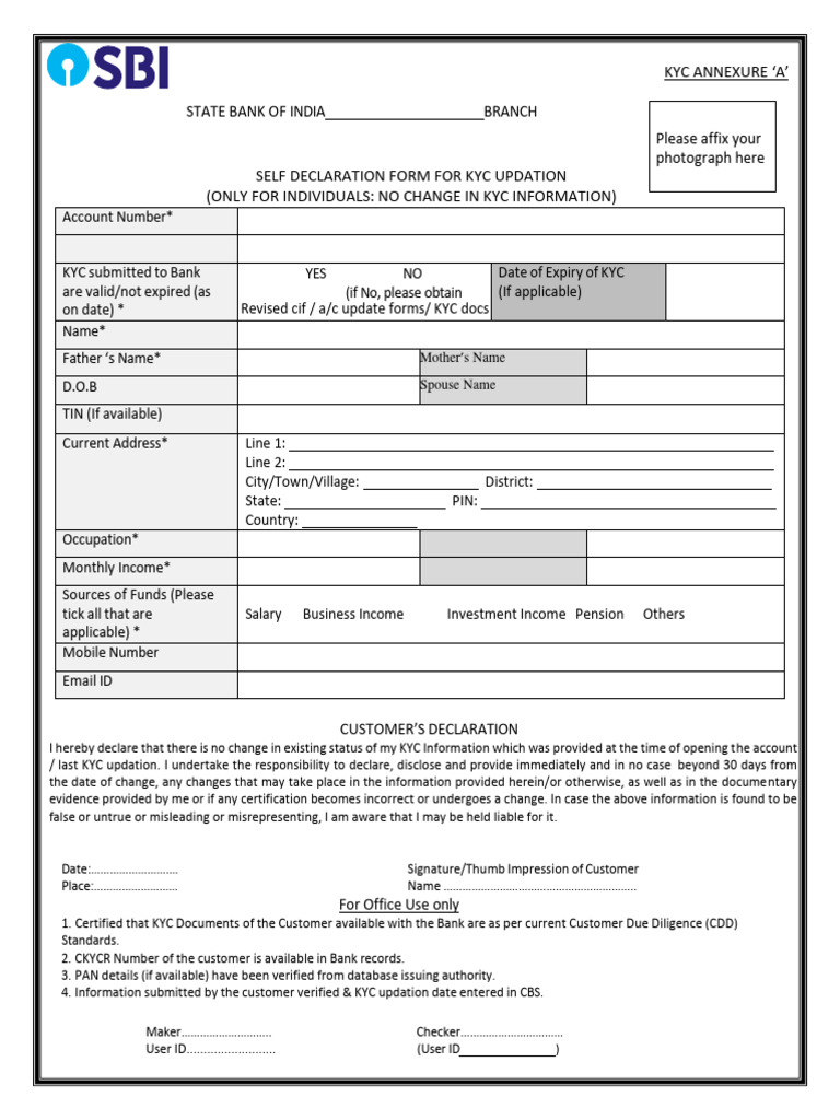 Kyc Annexure A': State Bank of India Branch Please Affix Your Photograph Here | PDF