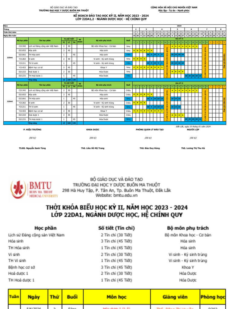 Lop 22da1.2, Thoi Khoa Bieu Hkii 2023-2024, Nganh Duoc Hoc, He Chinh Quy | PDF