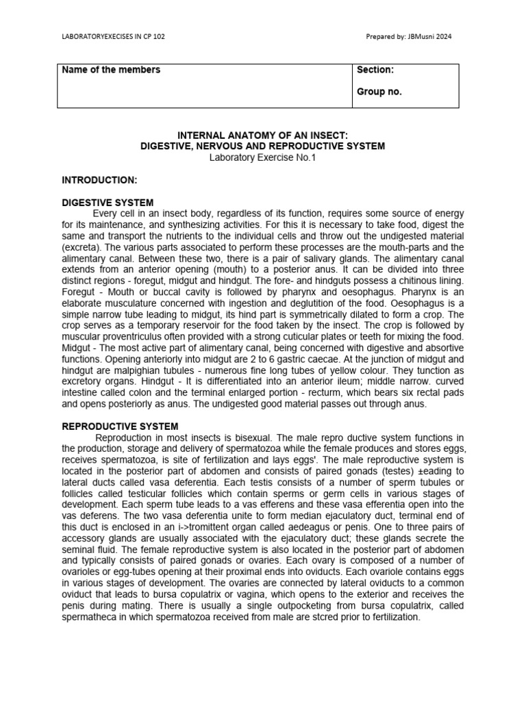 CP 102 Lab Experiment - Docx 2024 | PDF | Insects | Respiratory System