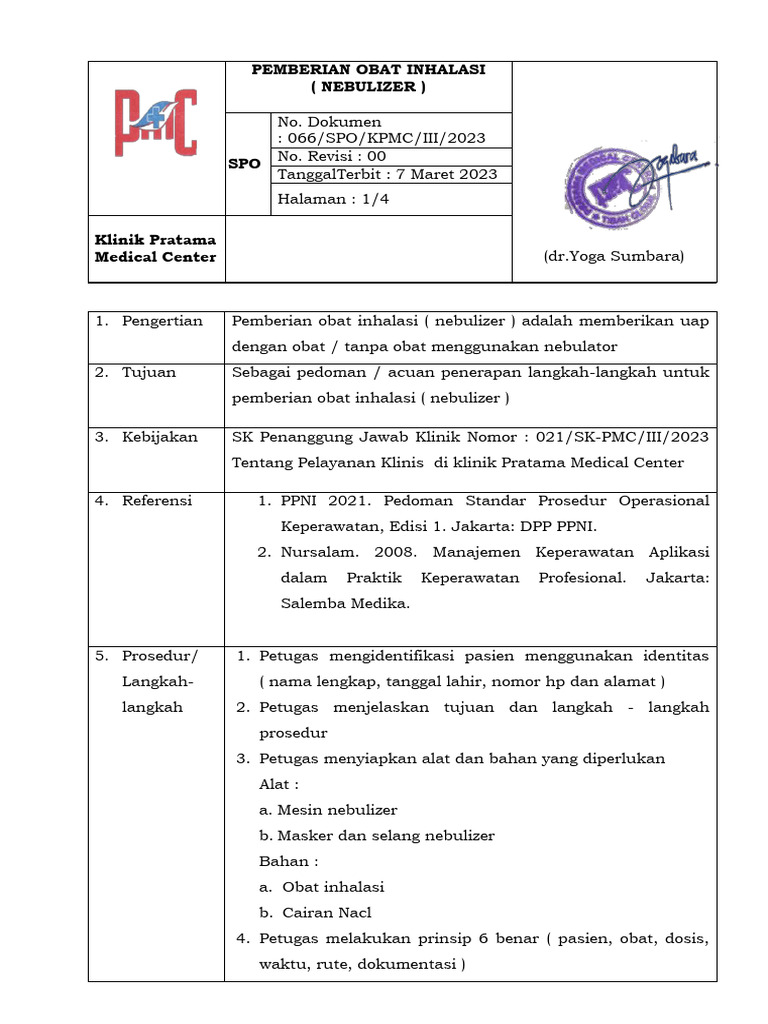 Sop Pemberian Obat Inhalasi (Nebulizer) | PDF