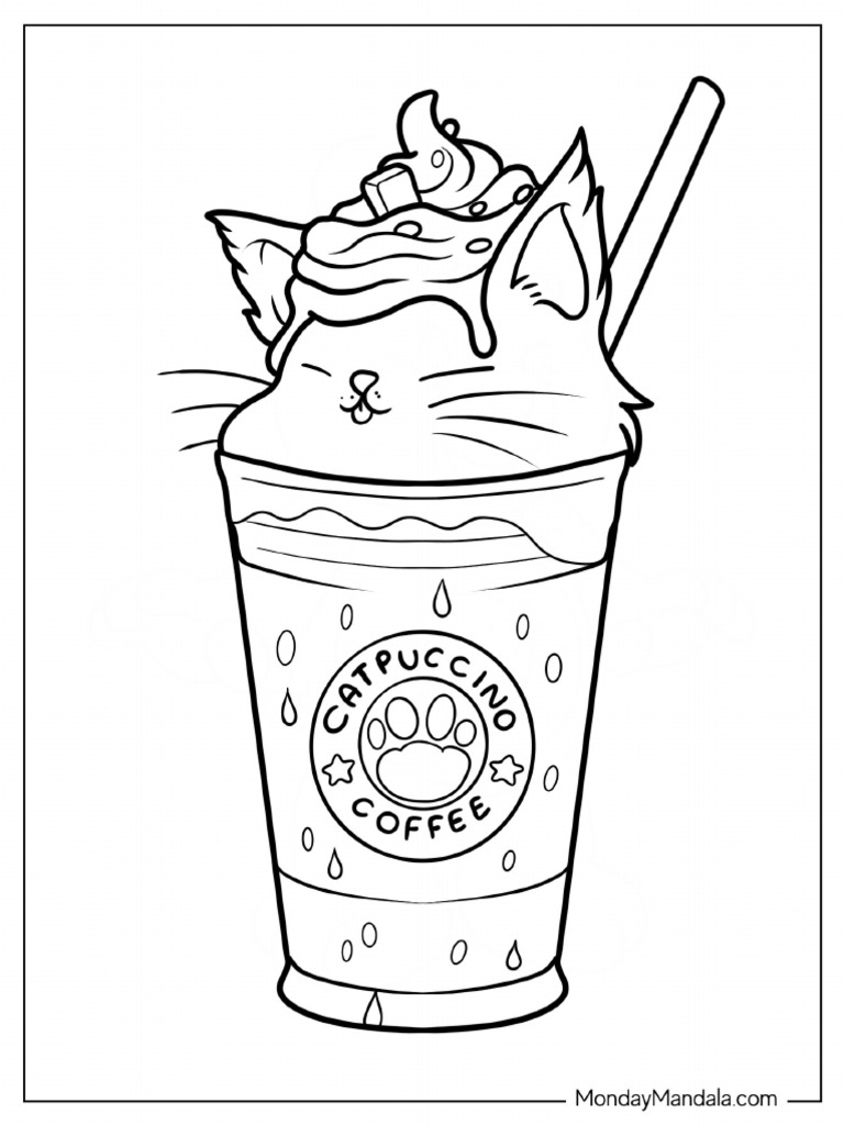 Cute Catpuccino Starbucks Coffee Coloring Page | PDF