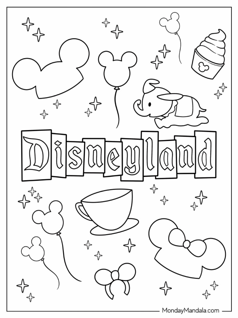 Easy Disneyland Words With Cartoons in Background Coloring Sheet | PDF