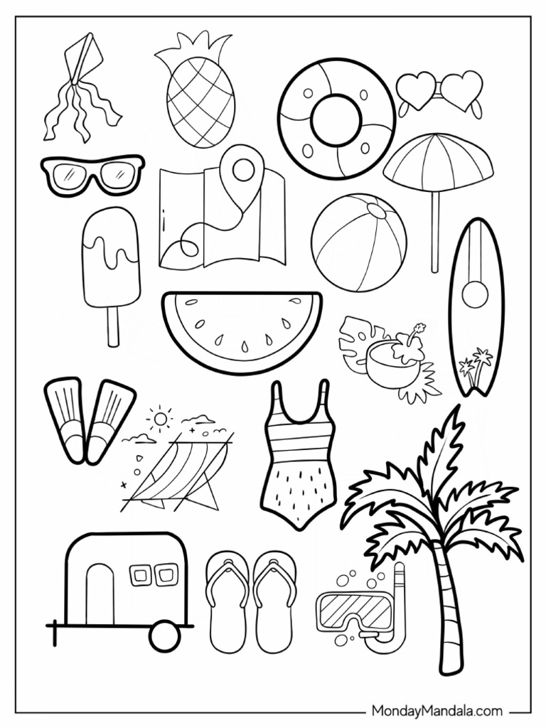 Easy Outline of Summer Elements Coloring Page For Kids | PDF