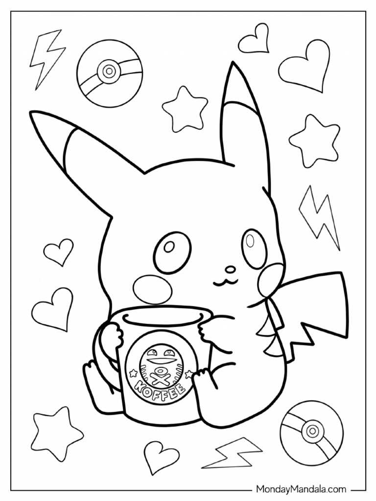 Easy Pikachu Hugging Coffee Cup Coloring Page | PDF