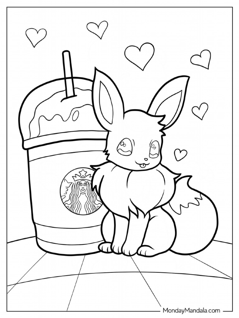 Eevee Sitting Next To Stabrucks Frappe Coloring Page For Kids | PDF