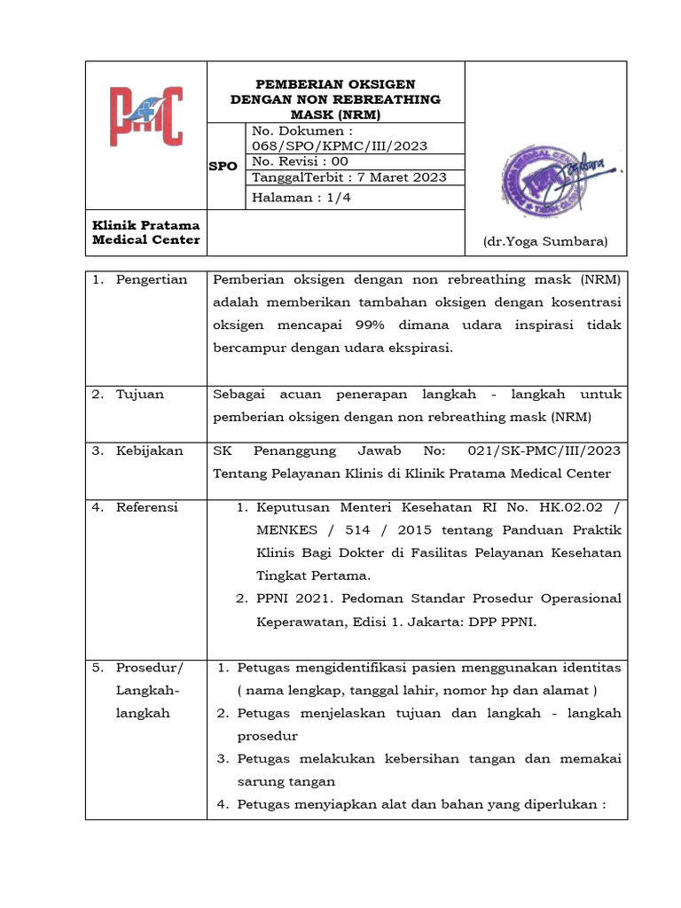 Panduan Pemberian Oksigen NRM | PDF